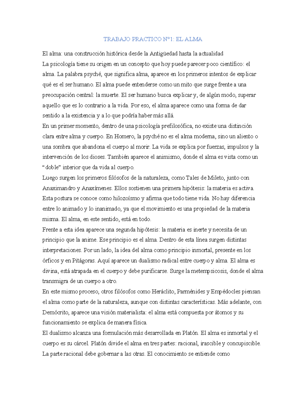TRABAJO PRÁCTICO N° 1: El Alma a Través de la Historia - Studocu
