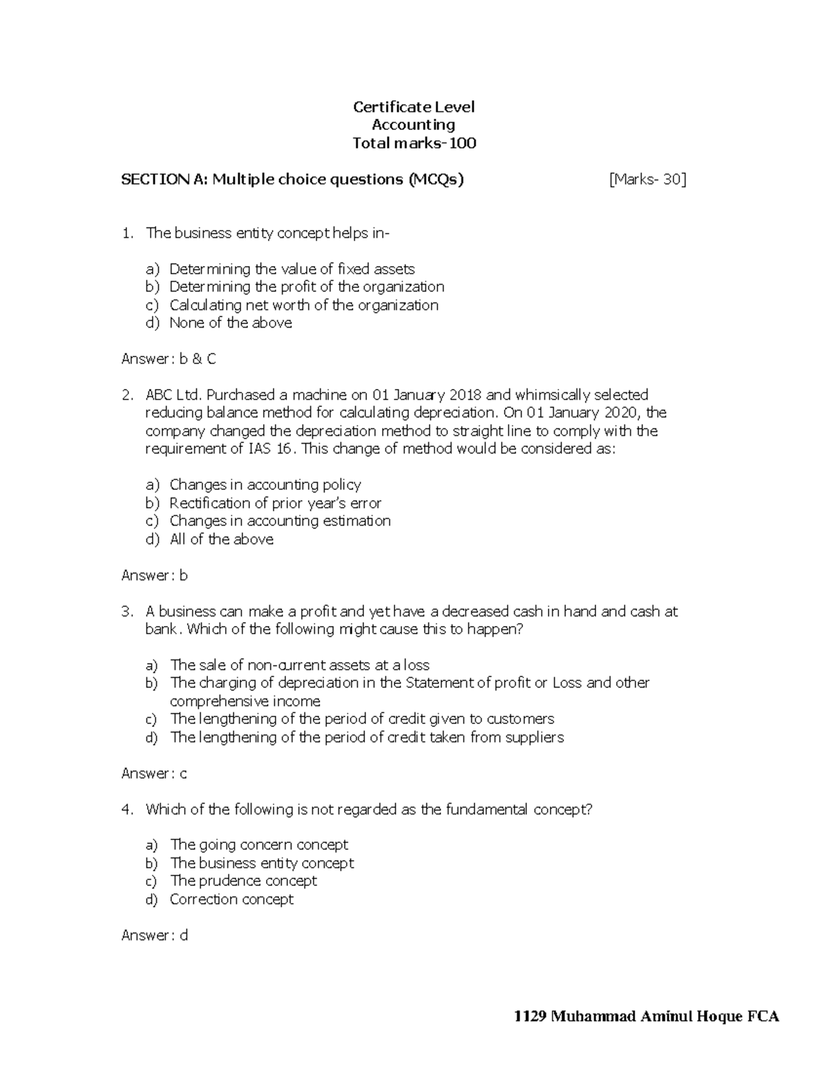 Sample MCQs & T/F Questions for Accounting CL 1129 by M. Aminul Hoque ...