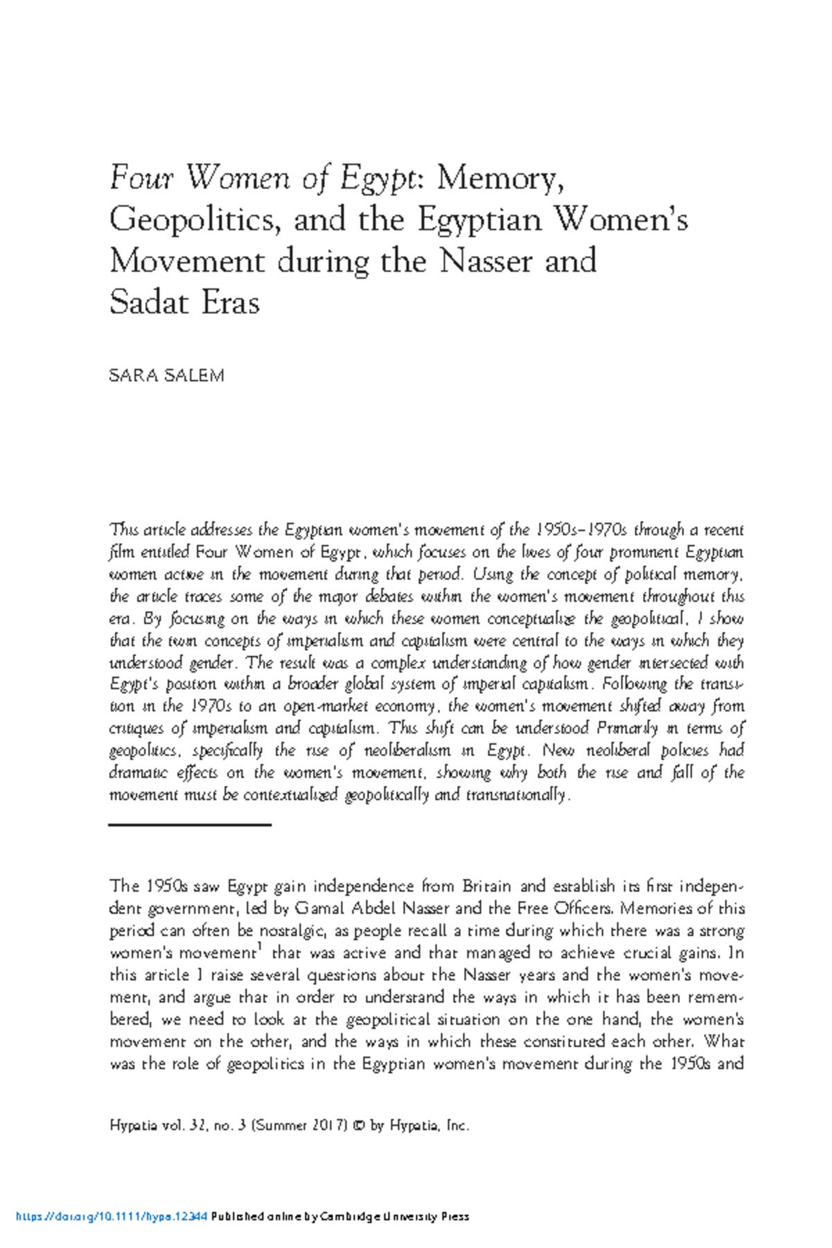 Four Women of Egypt: The Women's Movement in Nasser & Sadat Eras - Studocu
