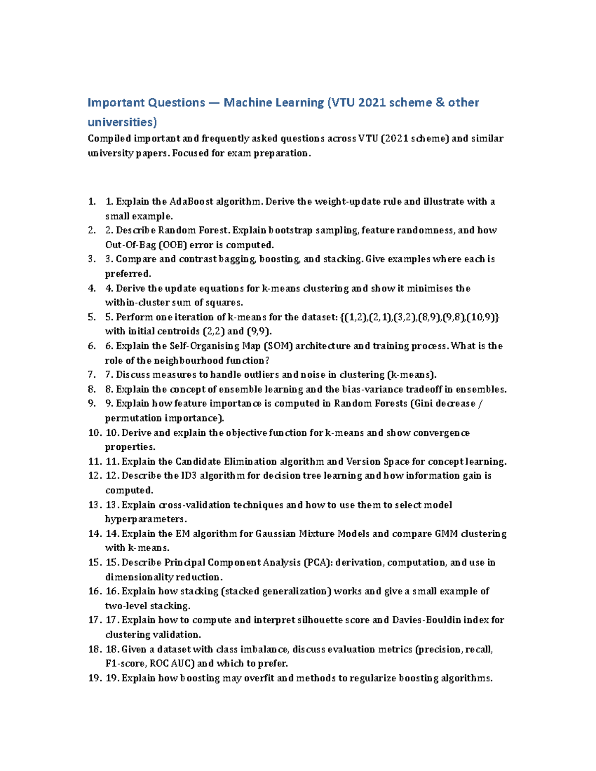 Important Questions on Machine Learning (ML) VTU 2021 Scheme - Studocu