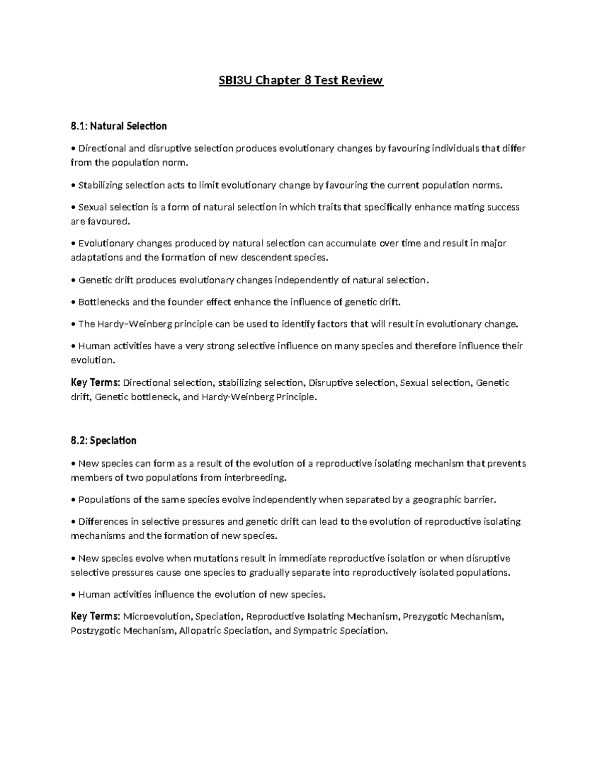 SBI3U Chapter 8 Test Review: Natural Selection & Evolutionary Patterns ...