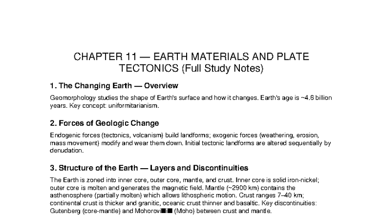 CHAPTER 11 STUDY NOTES: EARTH MATERIALS & PLATE TECTONICS - Studocu