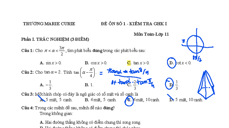 TRƯỜNG MARIE CURIE ĐỀ ÔN TẬP GIỮA KÌ I MÔN TOÁN 11 - Studocu