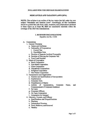 Civil LAW - Syllabus - SYLLABUS FOR THE 2025 BAR EXAMINATIONS CIVIL LAW ...