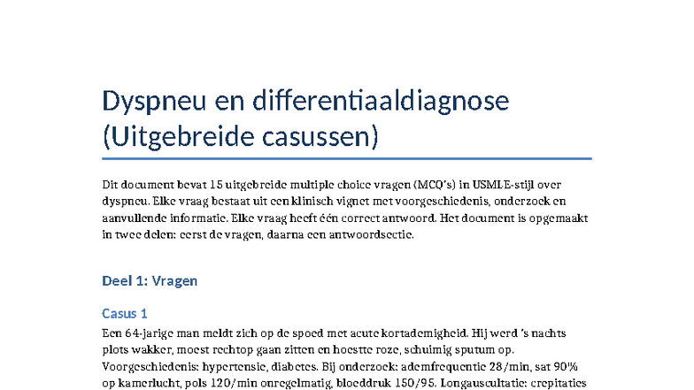 MCQ Dyspneu en Differentiaaldiagnose (15 Casussen) - Studocu