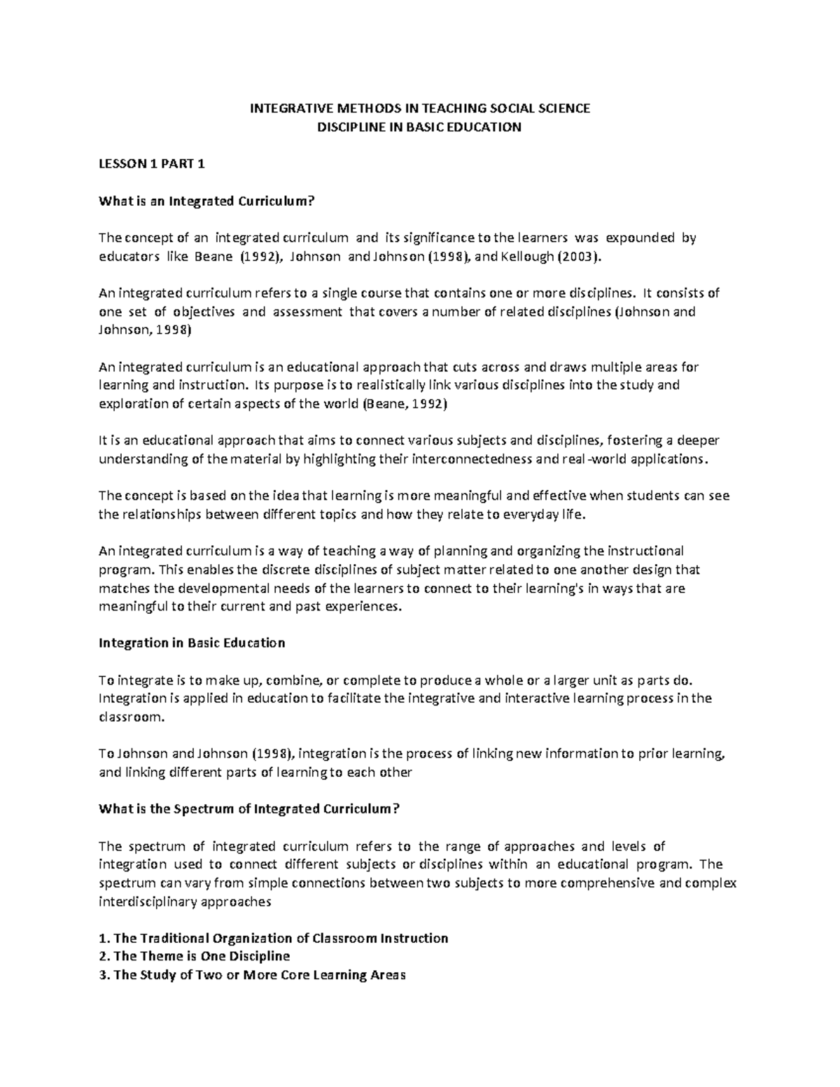 Lesson 1 Part 1: Integrative Methods in Teaching Social Studies - Studocu