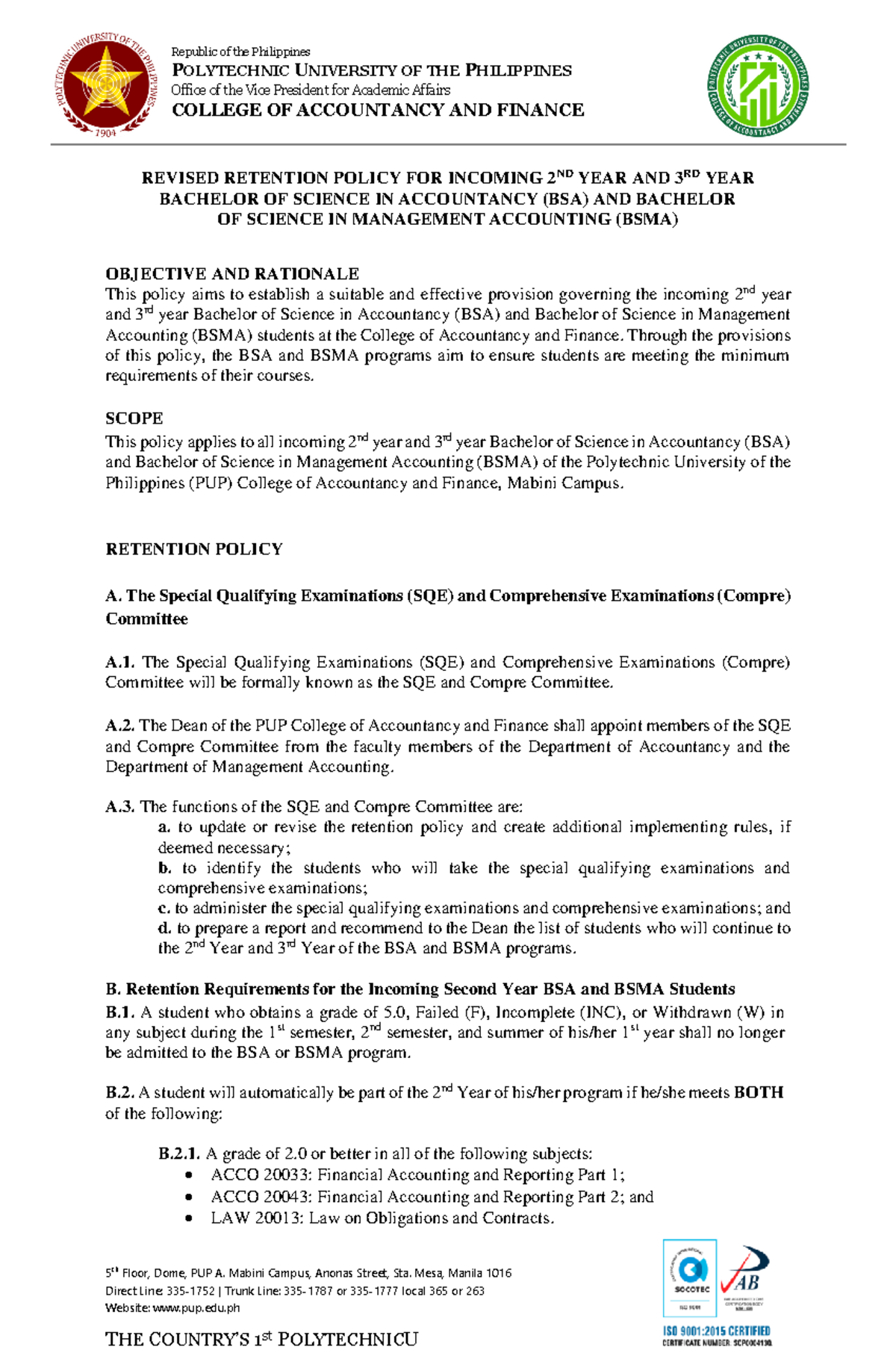 Revised Retention Policy for BSA & BSMA Students (AY 2021-2022) - Studocu
