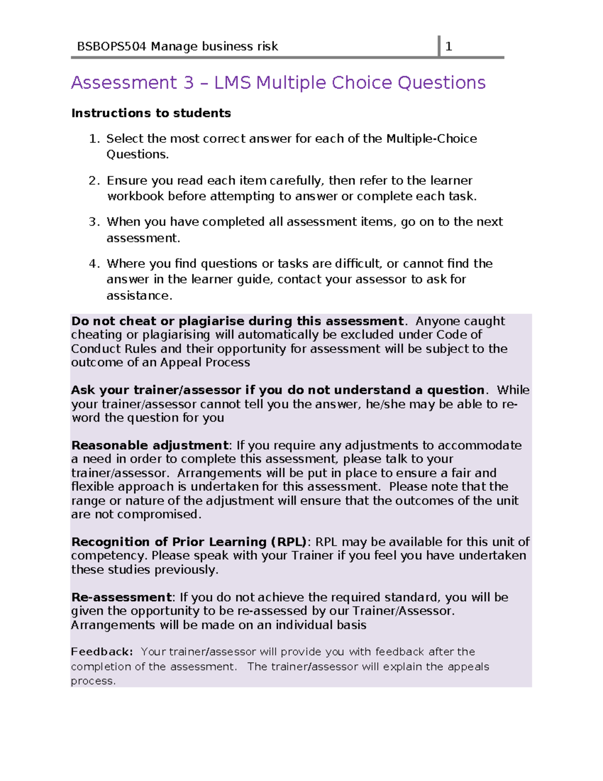 BSBOPS504 Manage Business Risk - Assessment 3 MCQ Instructions - Studocu
