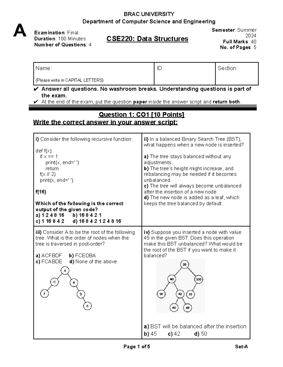CSE220 Final Exam Summer 2024: Data Structures Questions Set-A - Studocu