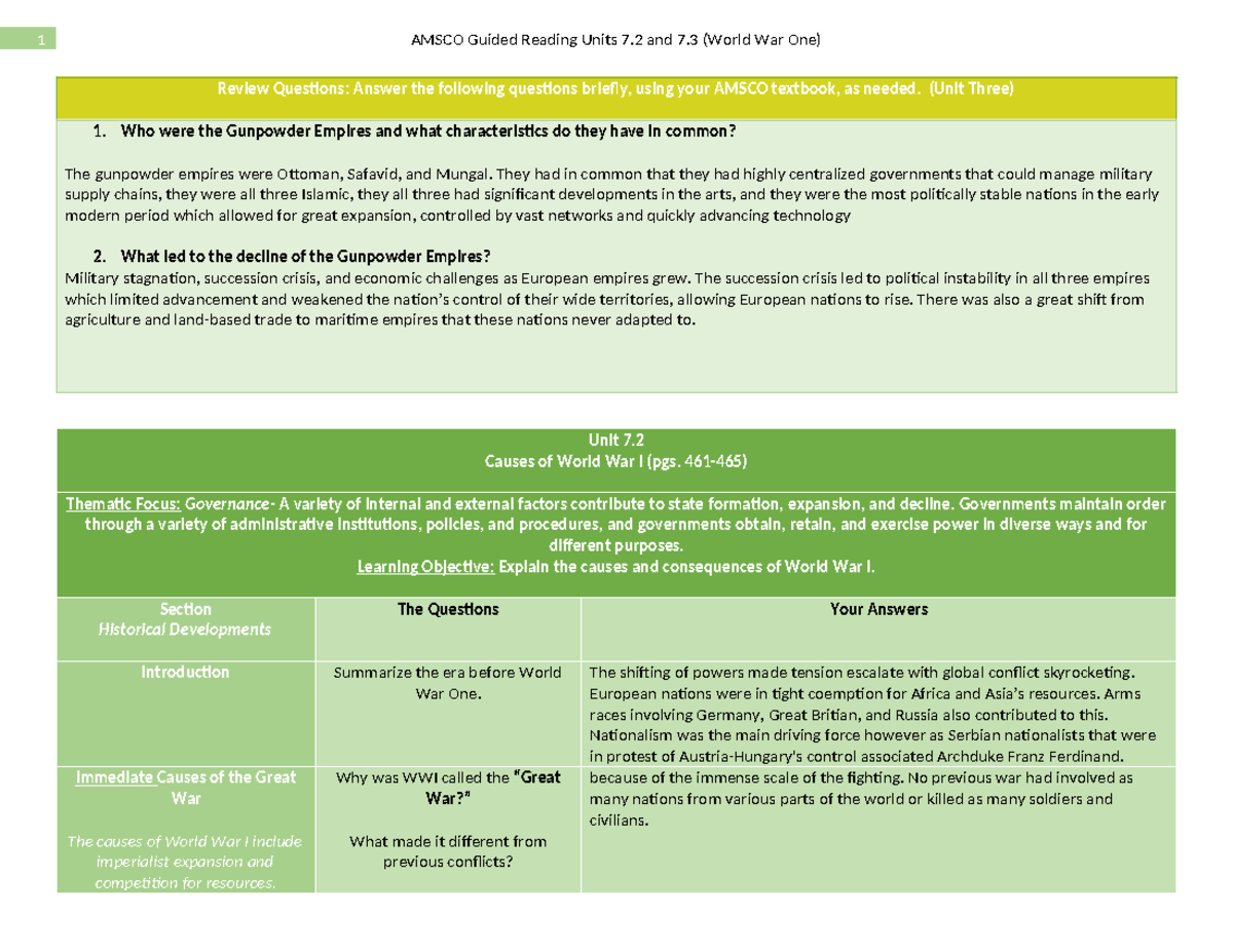 AMSCO Guided Reading Units 7.2 & 7.3: WWI Causes & Conduct Review - Studocu