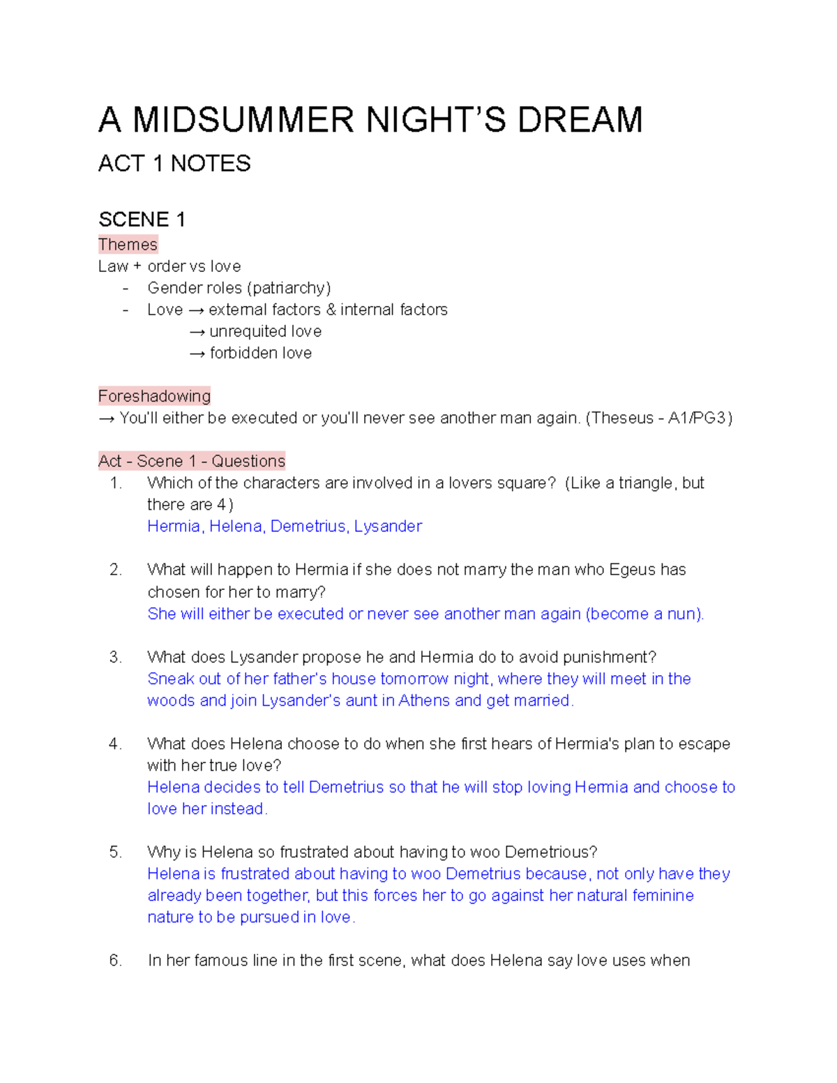 A Midsummer Night’S Dream - ACT 1 Notes - A MIDSUMMER NIGHT’S DREAM ACT ...
