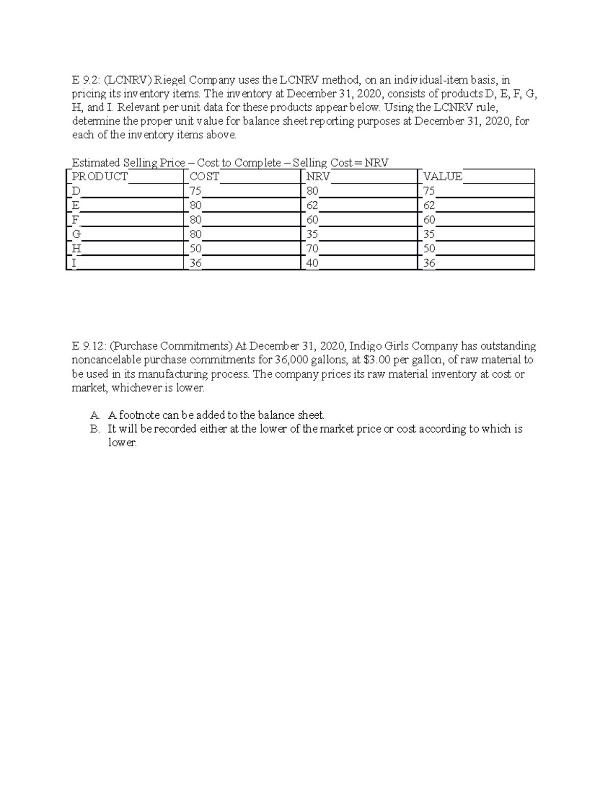 Chapter 9 LCNRV & Purchase Commitment Exercises - Studocu