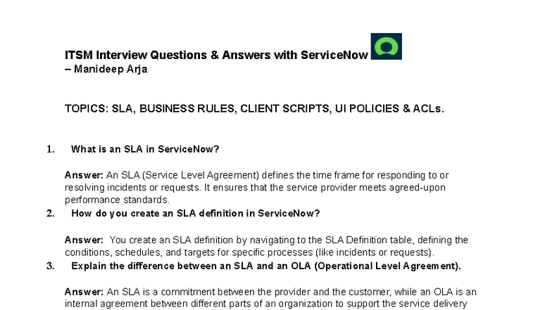 ITSM Interview Q&A with ServiceNow (ITSM 101) - Studocu