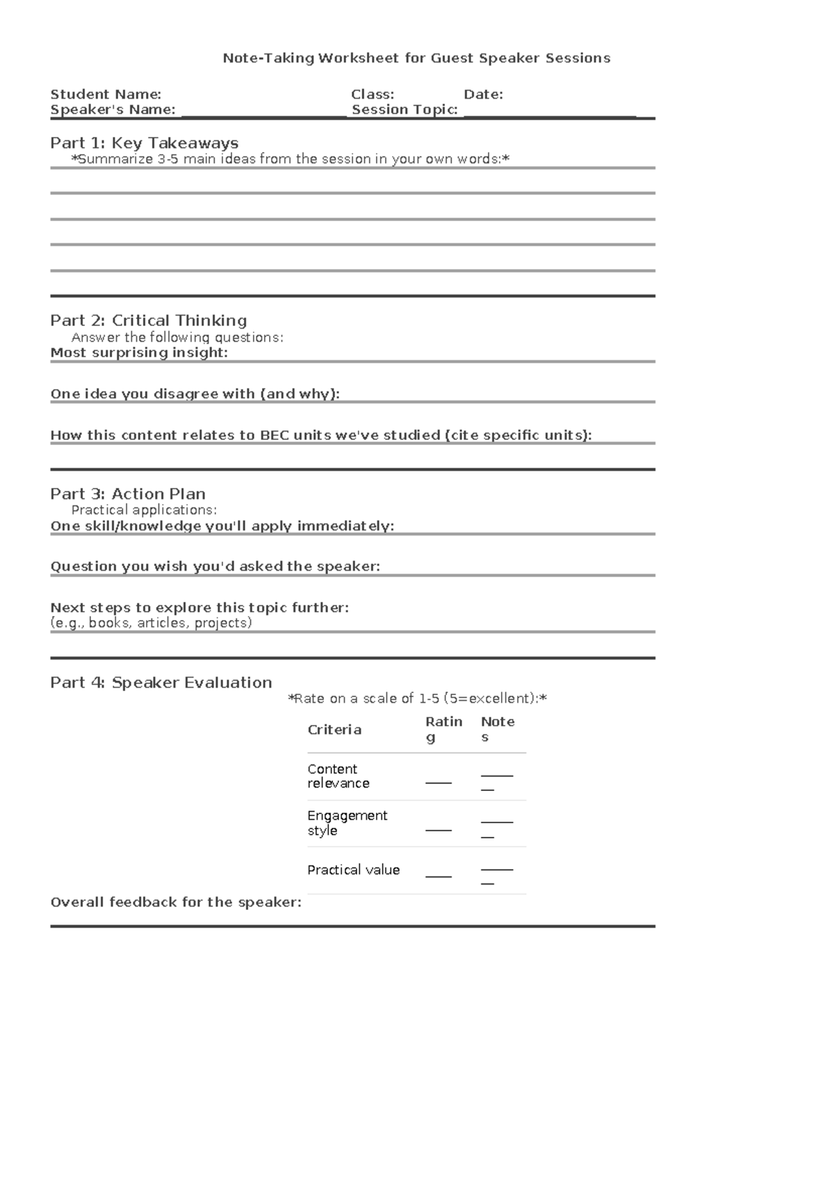 Worksheet for Guest Speaker Sessions - BEC Class - Studocu