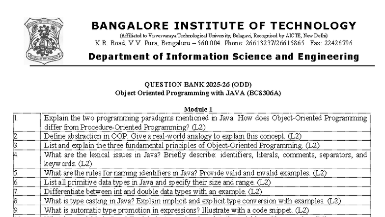 Question Bank for OOP (BCS306A) - Modules 1 to 3 - Studocu