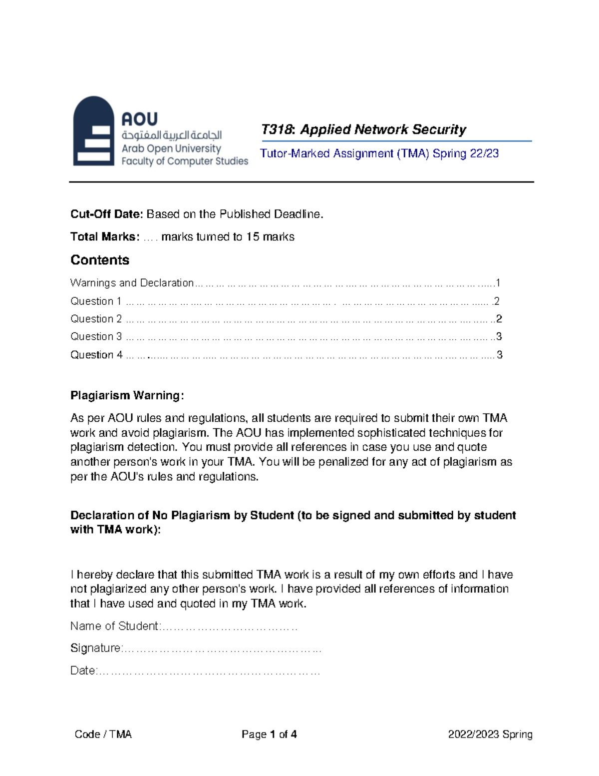 KSA T318 TMA Spring 22-23-1 - T318: Applied Network Security Tutor ...