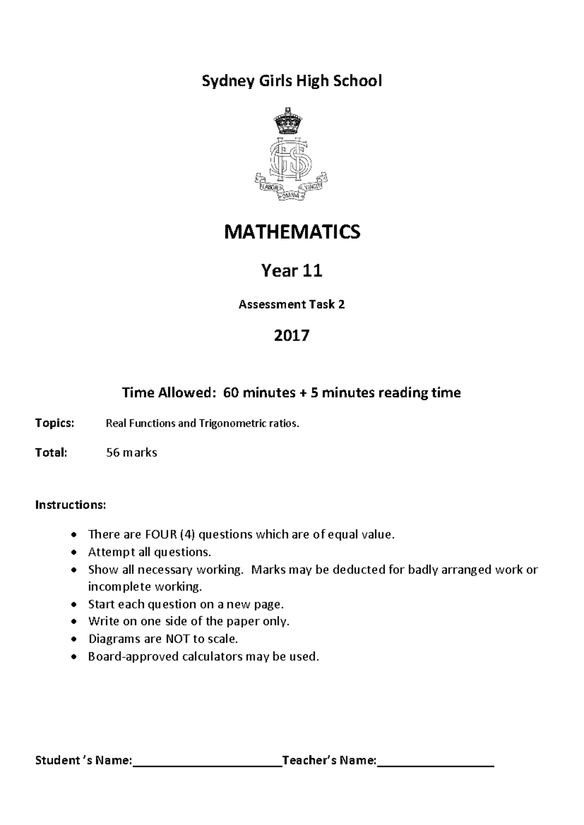 2017 Y11 2unit Task2 - Math extention 1 year 11 - Sydney Girls High ...