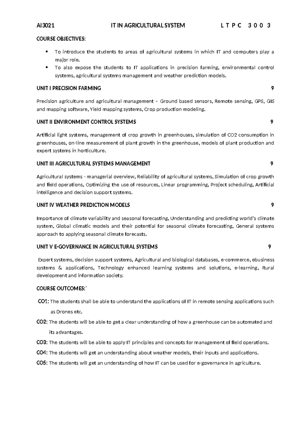 AI3021 IT in Agricultural Systems: Syllabus Overview and Course ...