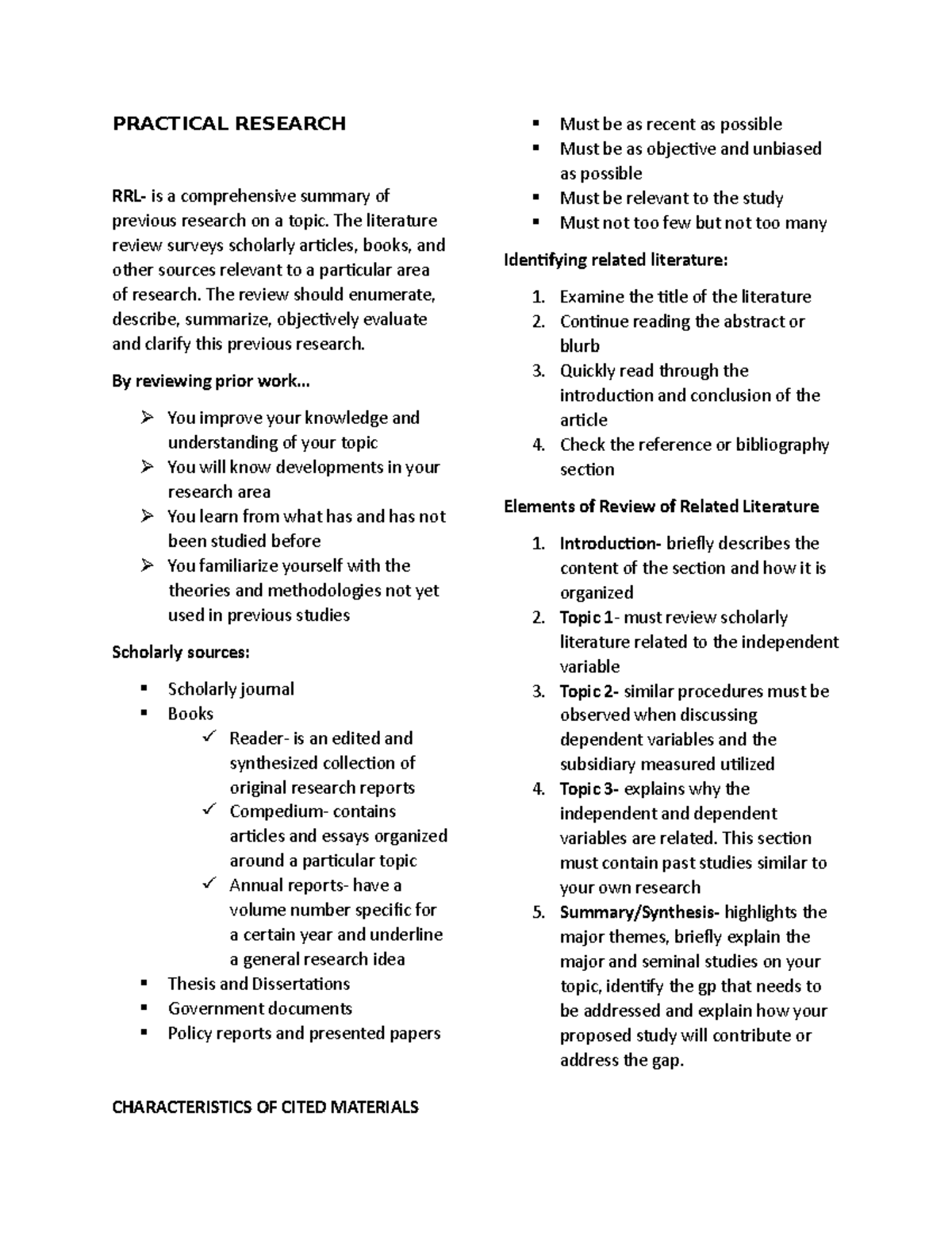 PR1 Notes - PRACTICAL RESEARCH RRL- is a comprehensive summary of ...