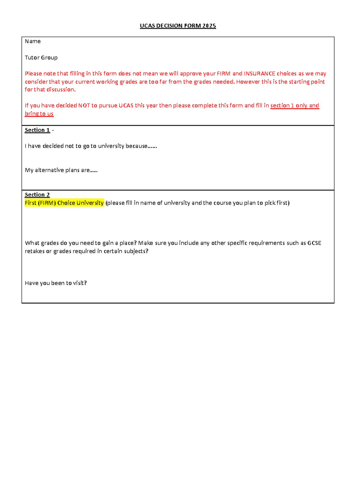 UCAS Decision Form 2025: FIRM & INSURANCE Choices Overview - Studocu