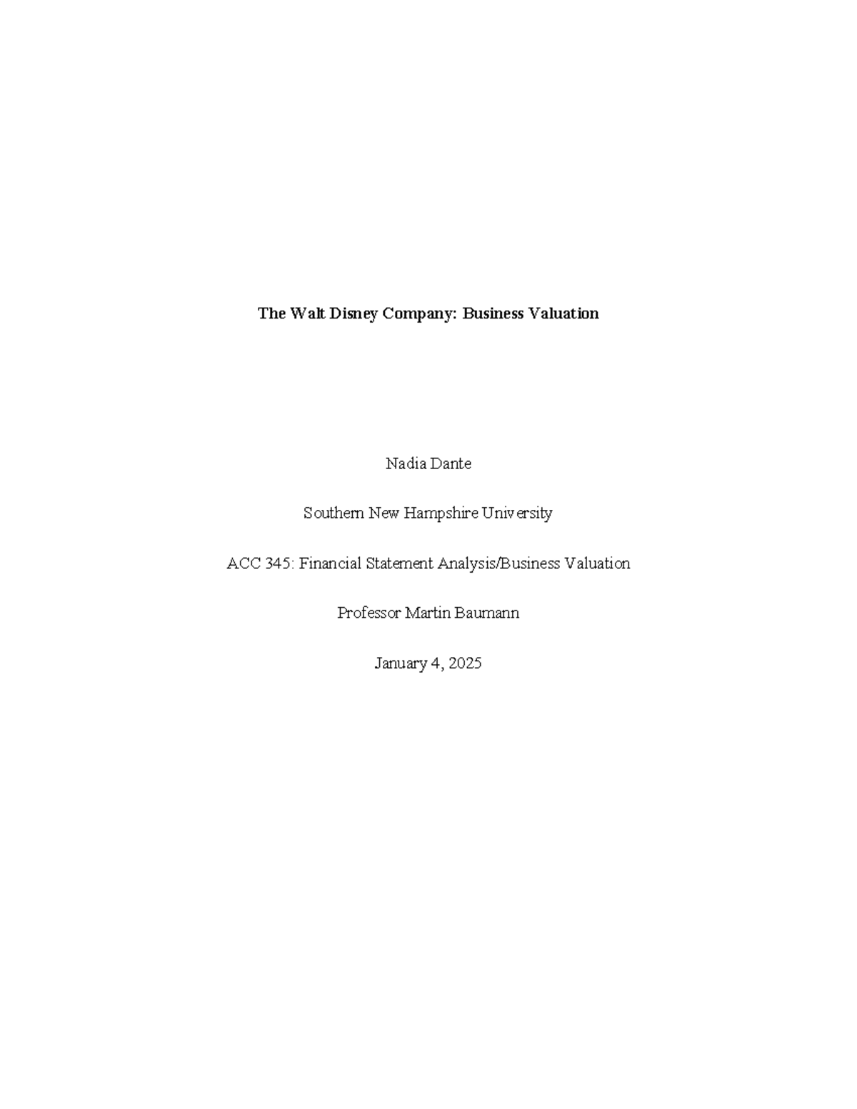 ACC 345: Walt Disney Company Business Valuation - Milestone One ...