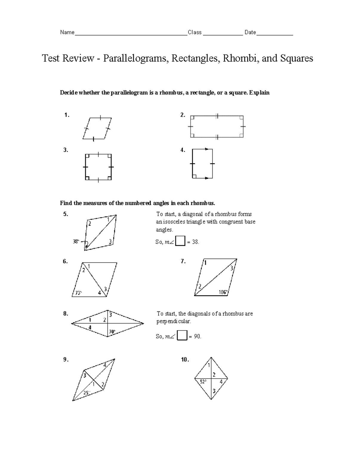 Test Review: Parallelograms, Rectangles, Rhombi, and Squares (Geometry ...