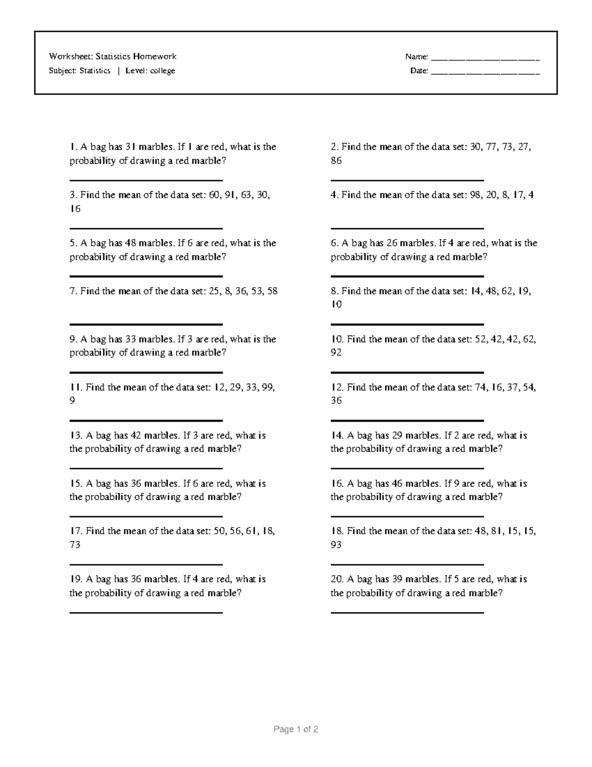 Statistics Homework Worksheet: Probability & Mean Problems - Studocu