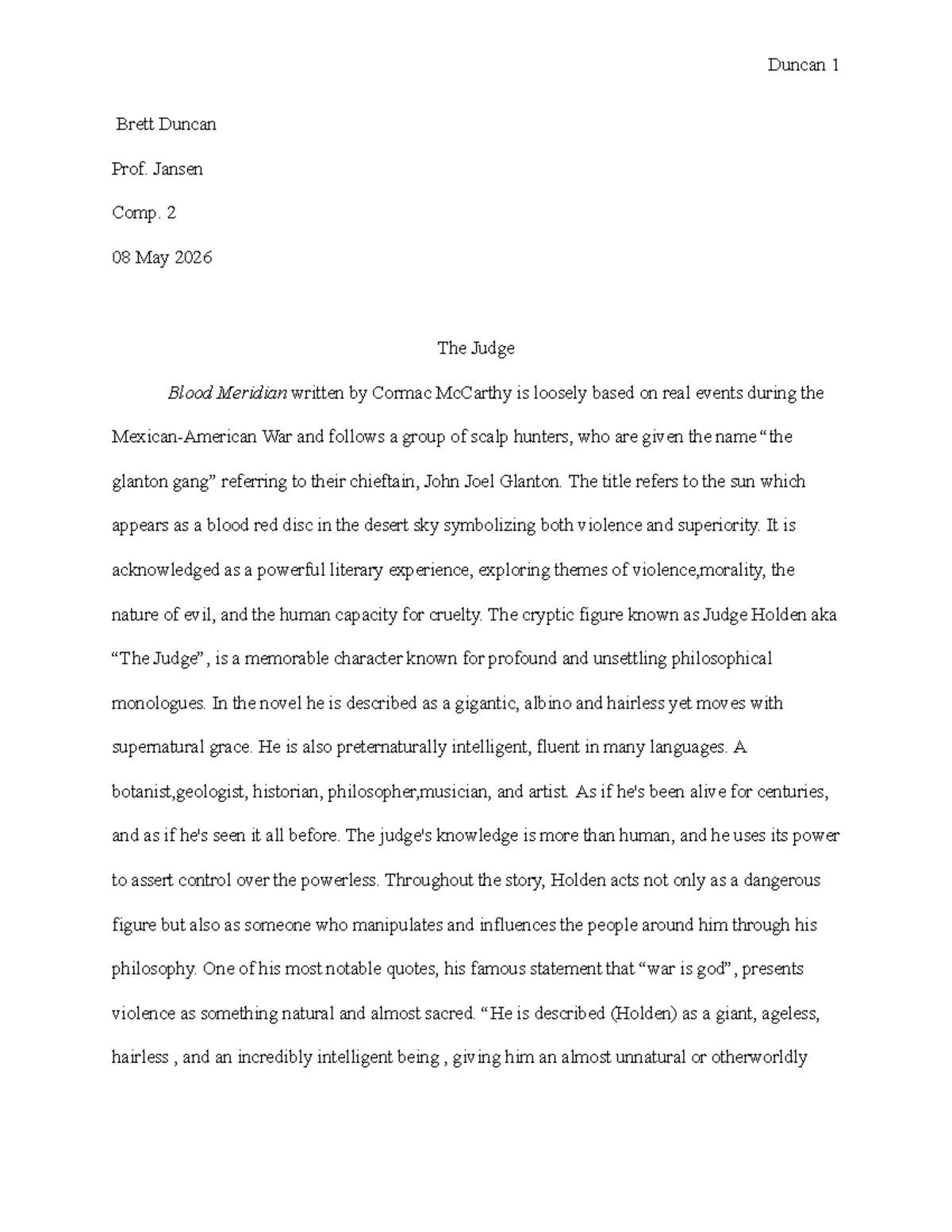 Blood Meridian (Comp. 2) Final Draft Analysis of Judge Holden - Studocu