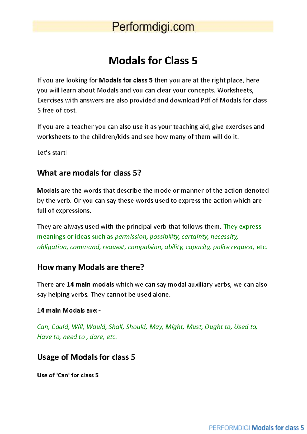 Modals for Class 5: Concepts, Exercises, and Worksheets - Studocu