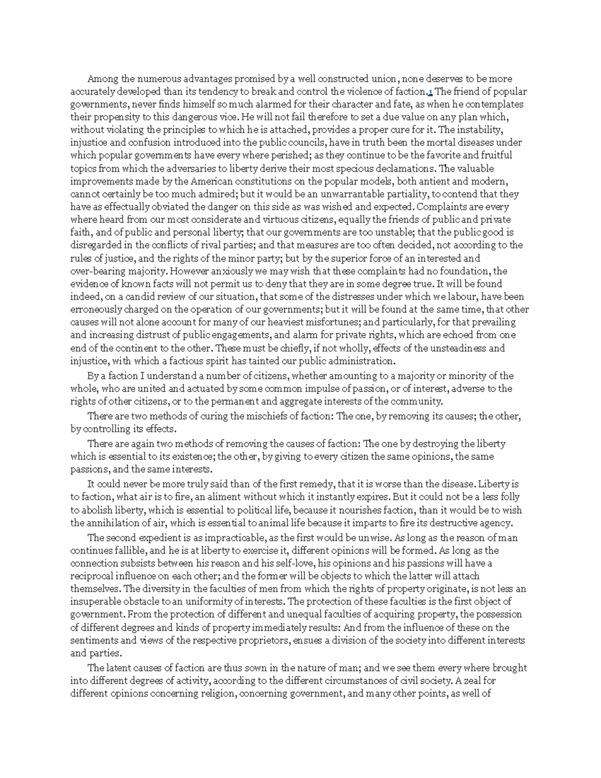 Federalist No. 10: Managing Faction Effects in a Republic - Studocu