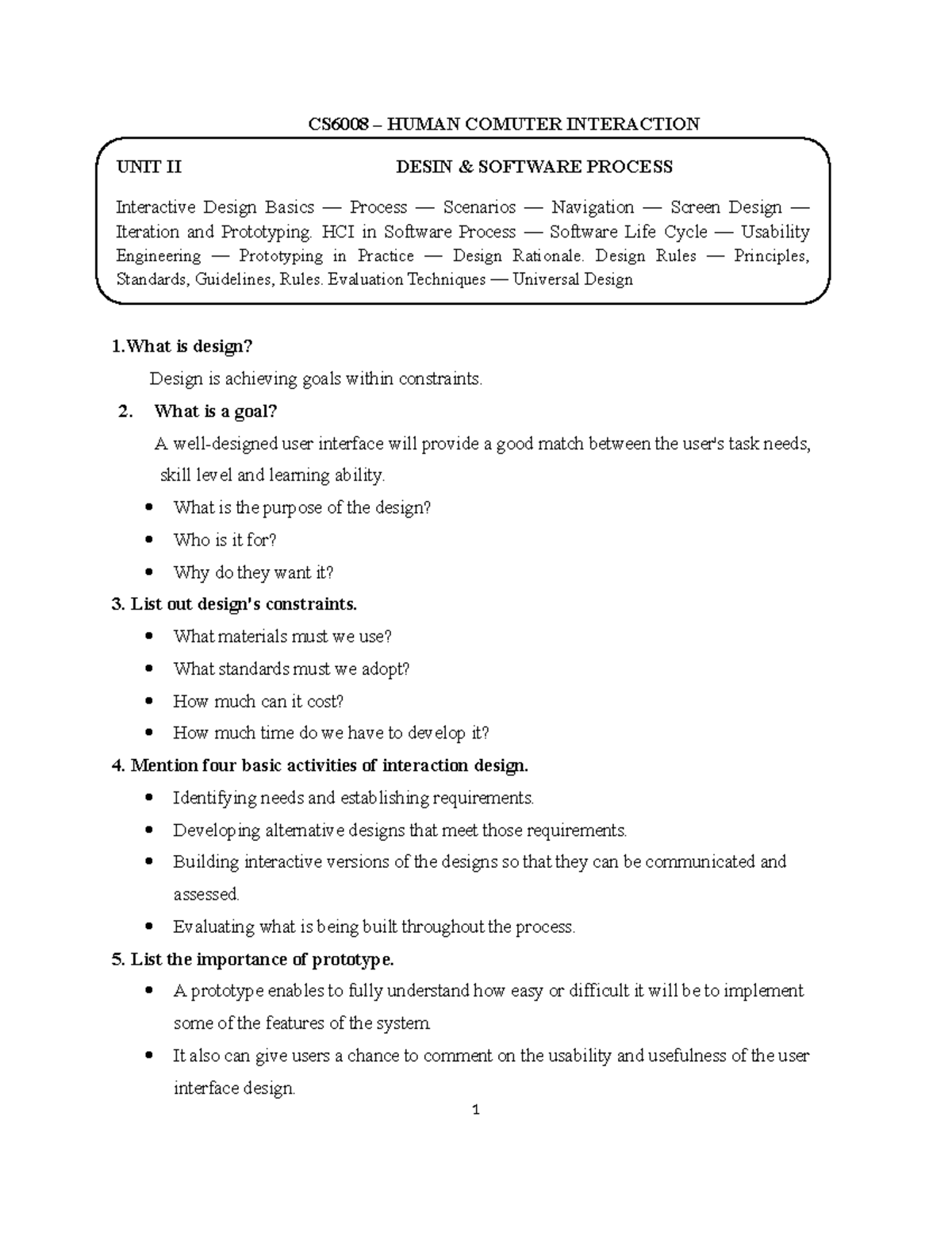 CS6008 HCI UNIT II: Interactive Design Process & Prototyping Techniques ...