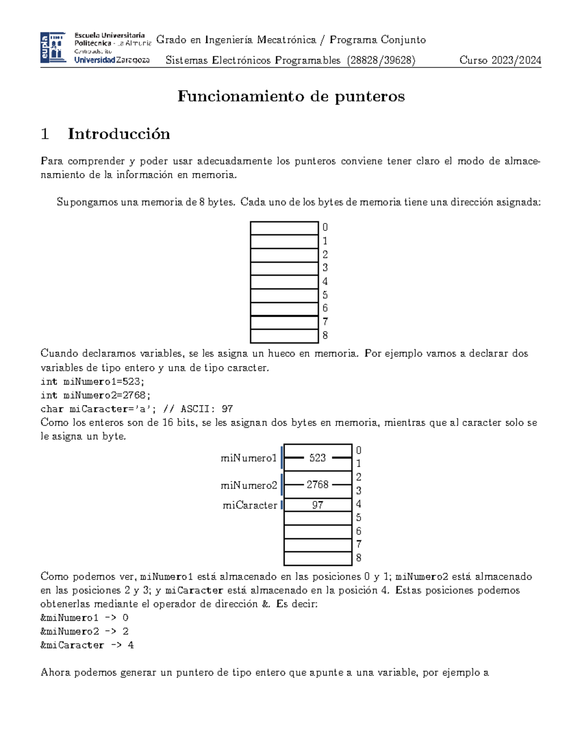 Grado en Programa Conjunto Sistemas Programables Curso: Introducción a Punteros - Studocu