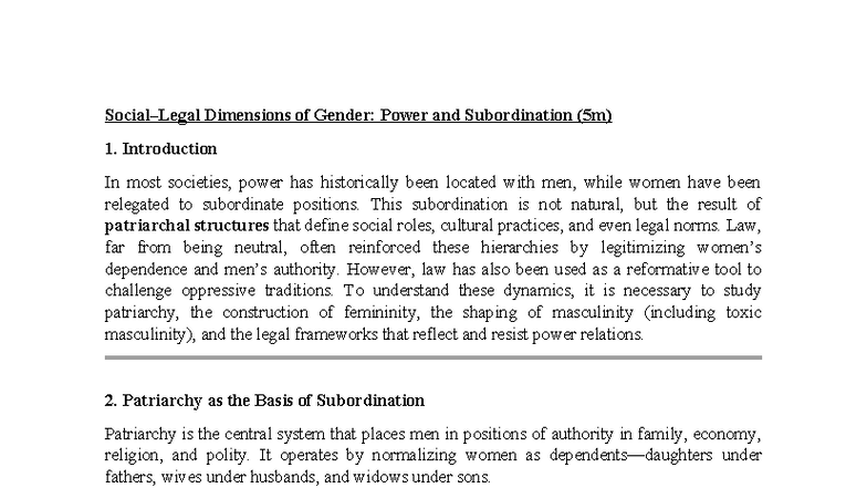 Dimensions of Gender: Power, Subordination, and Law (Gender Unit 2) - Studocu