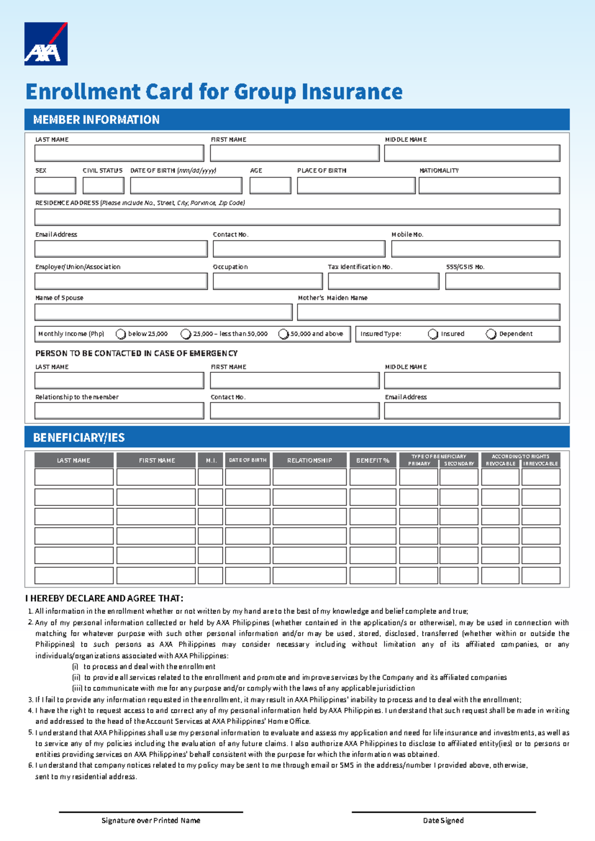 Group Life Insurance Enrollment Card & Beneficiary Designation Form ...