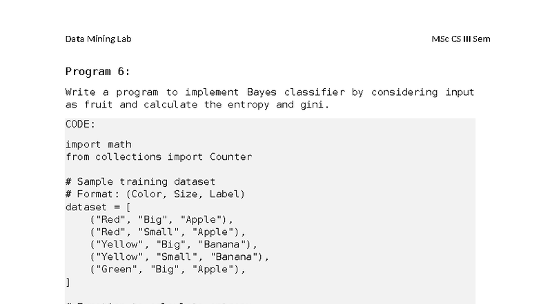 Bayes Classifier Implementation in Data Mining Lab MSc CS Sem - Studocu