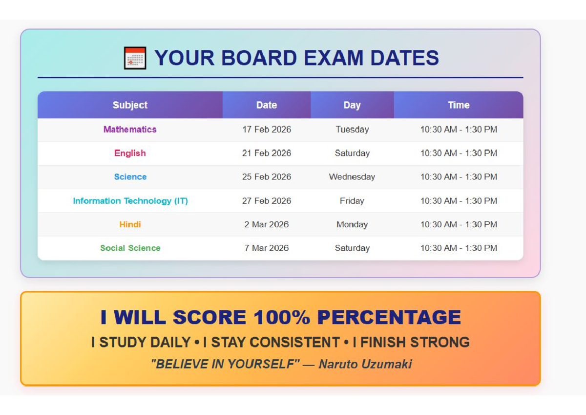 Class 10 Study Plan & Board Exam Dates (Mathematics, English, Science ...