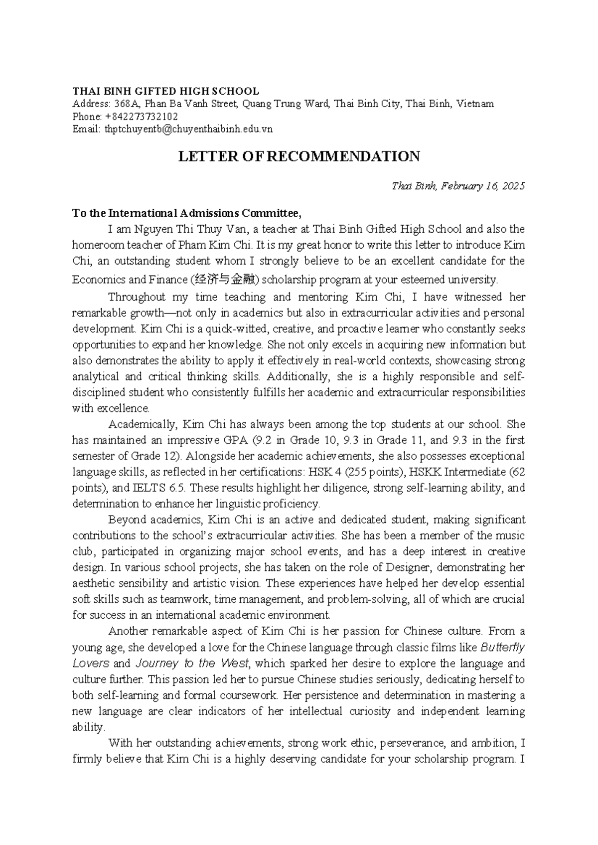 Letter of Recommendation for Kim Chi - Economics and Finance ...