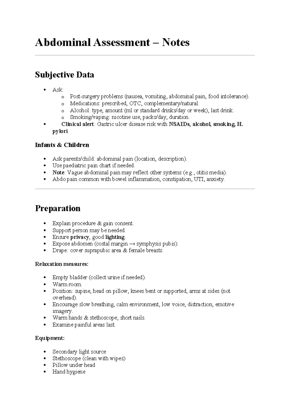 Abdominal Assessment Notes: Subjective Data & Clinical Alerts - Studocu