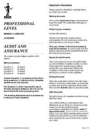 December 2021 Audit and Assurance Exam - PROFESSIONAL LEVEL MONDAY 6 ...