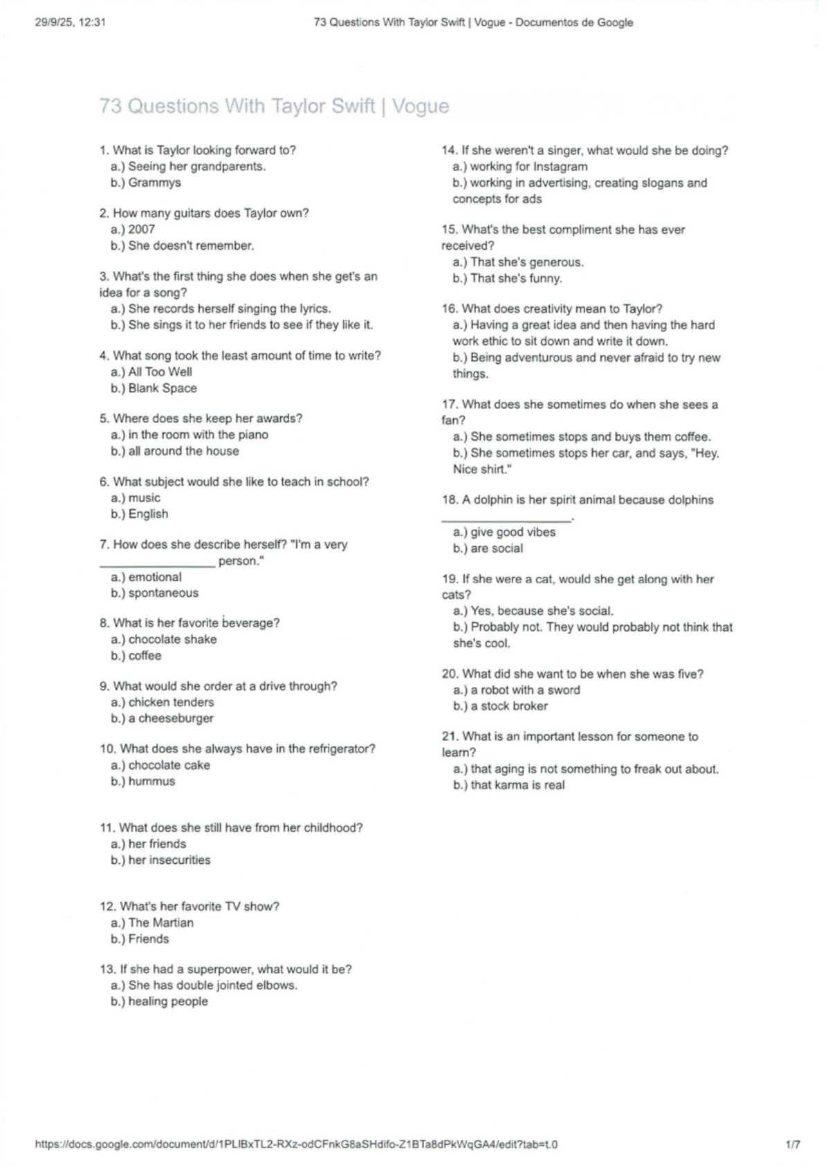 73 Questions With Taylor Swift - Vogue [Final Exam Prep] - Studocu