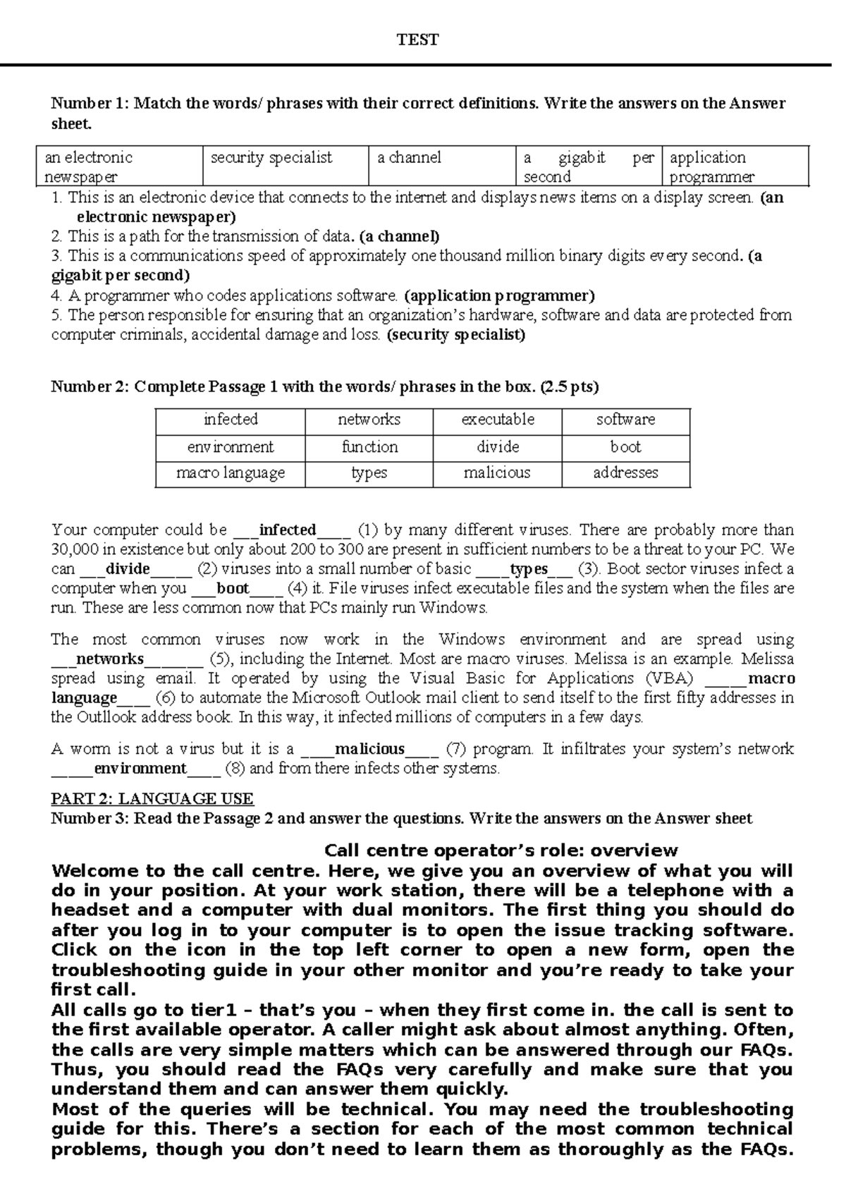 TEST 1: Match Definitions & Complete Passages (CS101) - Studocu
