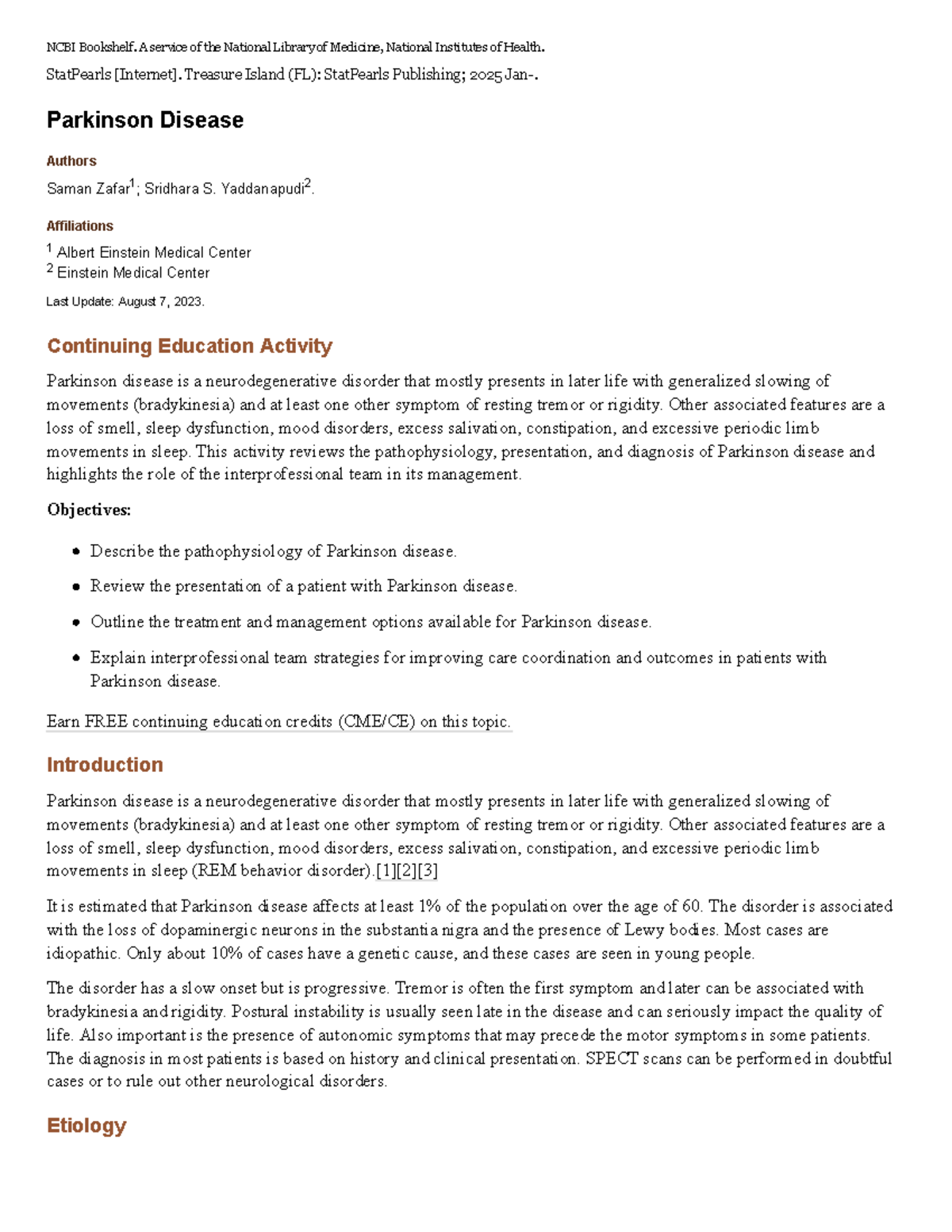 Parkinson Disease Overview - StatPearls NCBI Bookshelf - Studocu