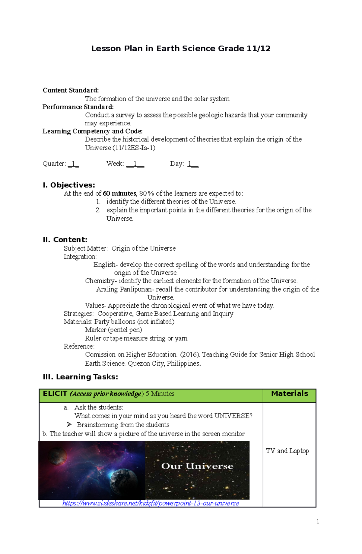 LC 1 - ... - Lesson Plan in Earth Science Grade 11/ Writer: Daisy R ...