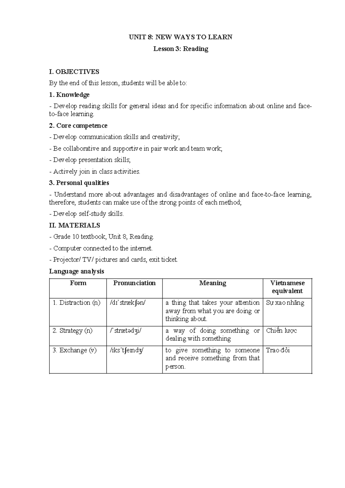 UNIT 8: NEW WAYS TO LEARN Lesson Plan for Grade 10 Reading Skills - Studocu