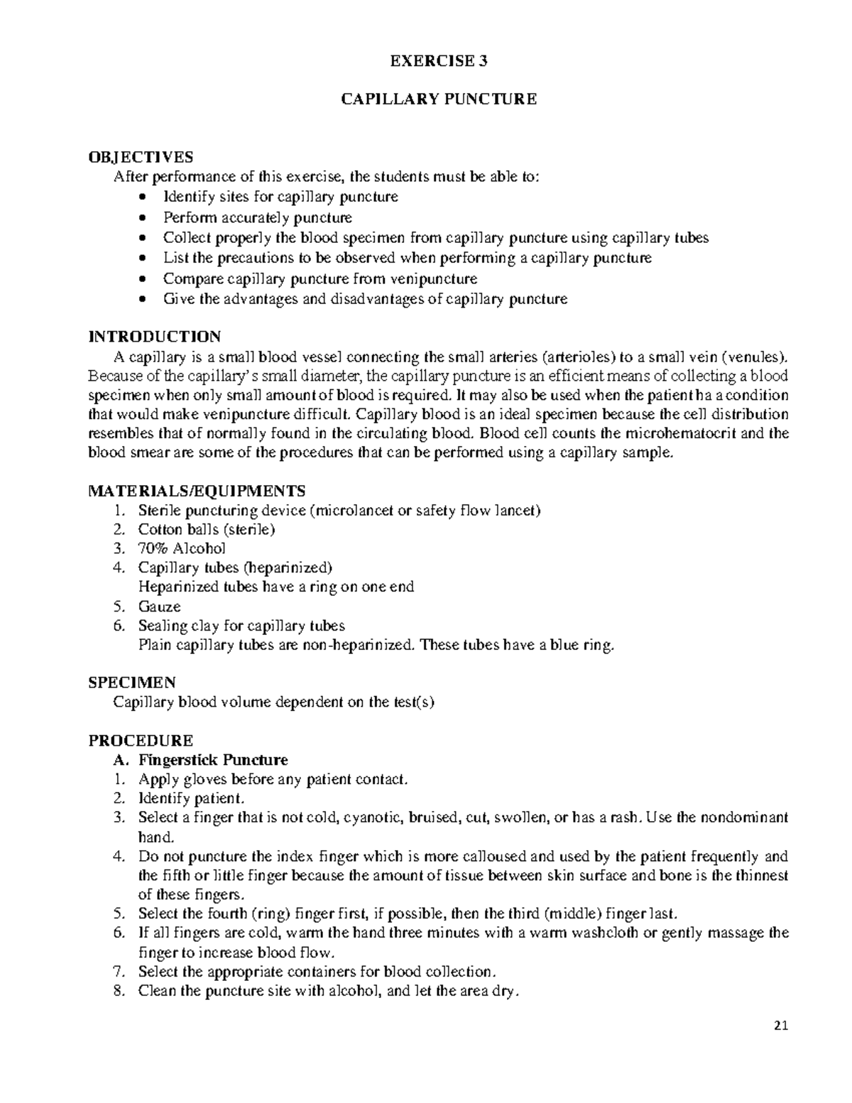EXERCISE 3: CAPILLARY PUNCTURE TECHNIQUES AND OBJECTIVES - Studocu