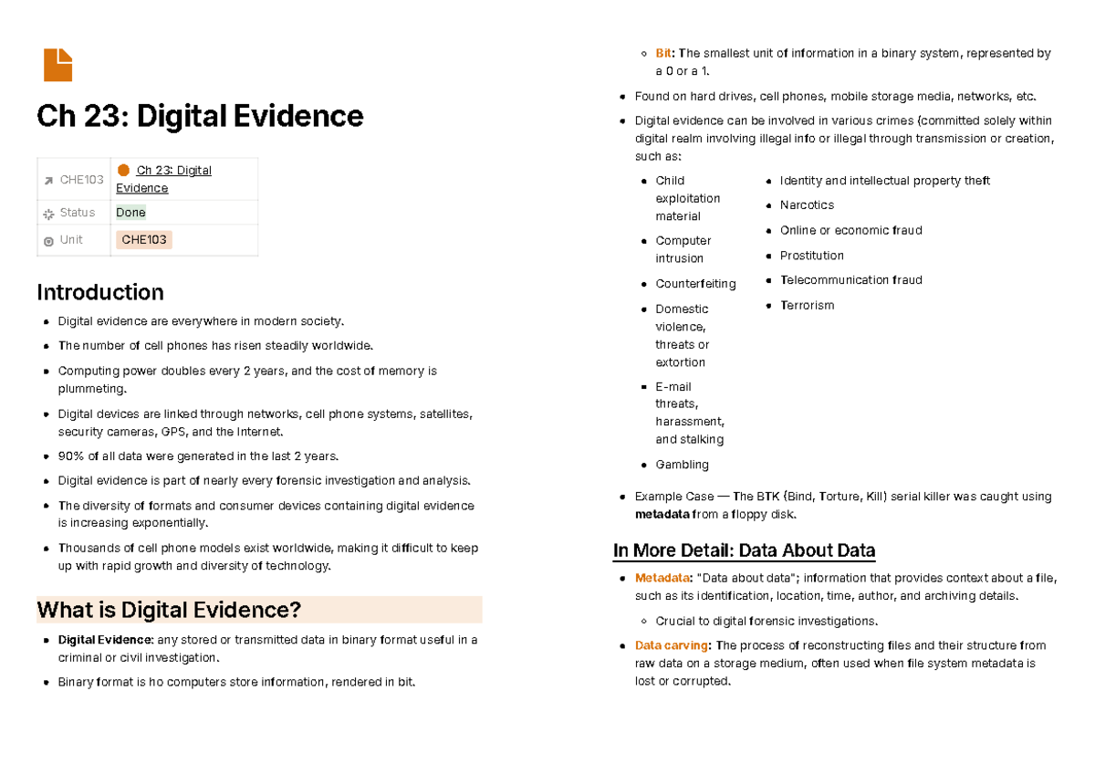 Ch 23: Digital Evidence Overview and Forensic Analysis CHE103 - Studocu