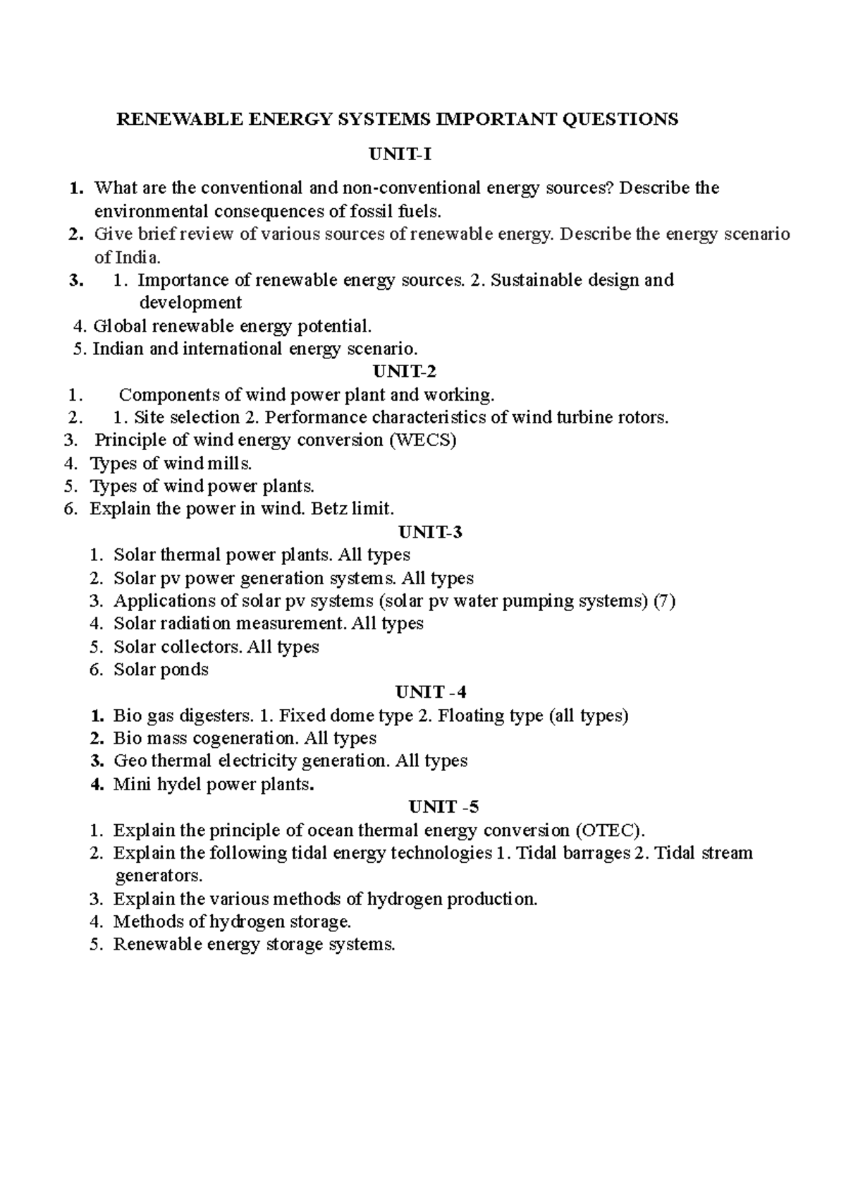 RES Important Questions for Renewable Energy Systems (Unit I-IV) - Studocu