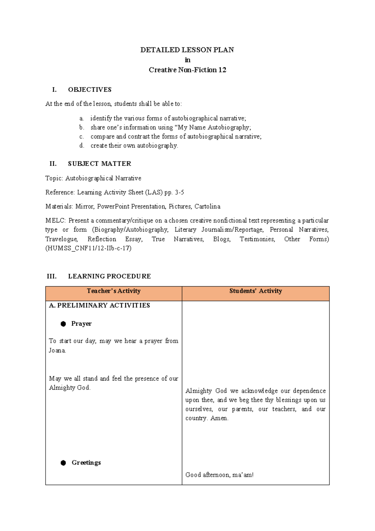 Creative 12: Detailed Lesson Plan on Autobiographical Narrative - Studocu