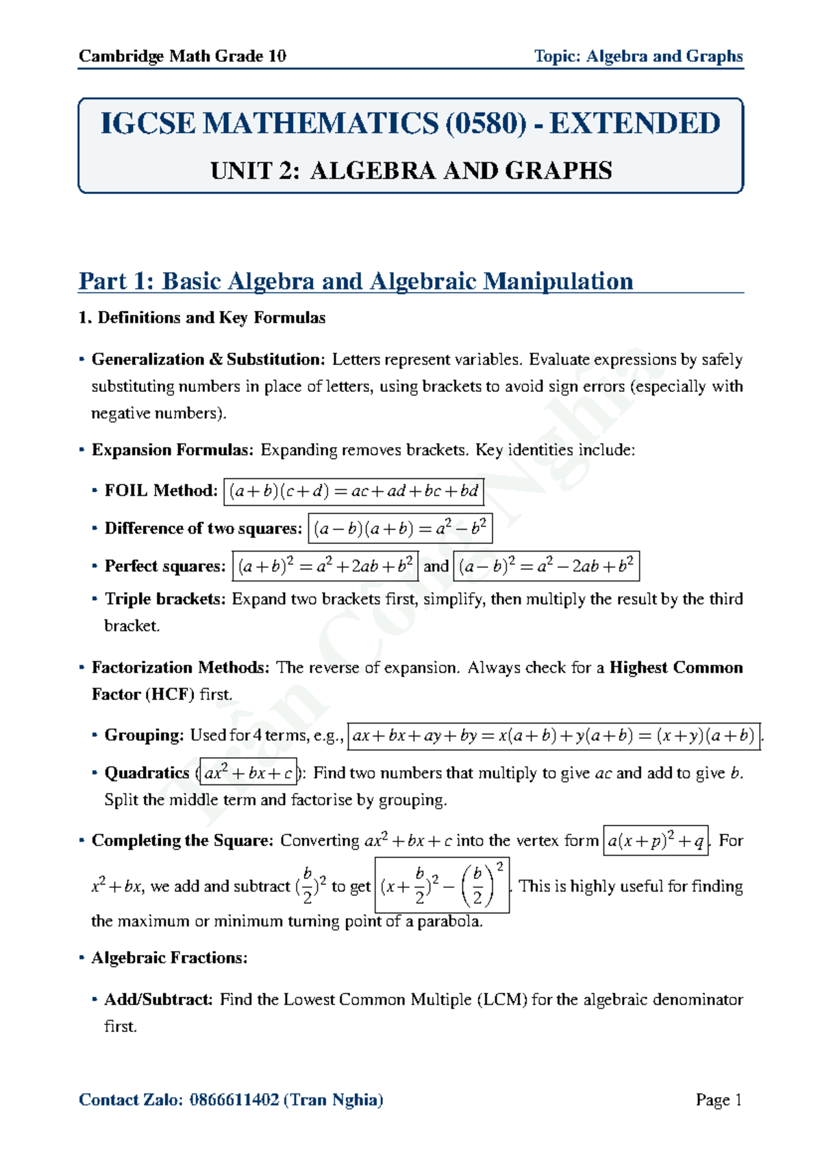 Cambridge Math IGCSE (0580) Extended: Algebra & Graphs Study Guide ...