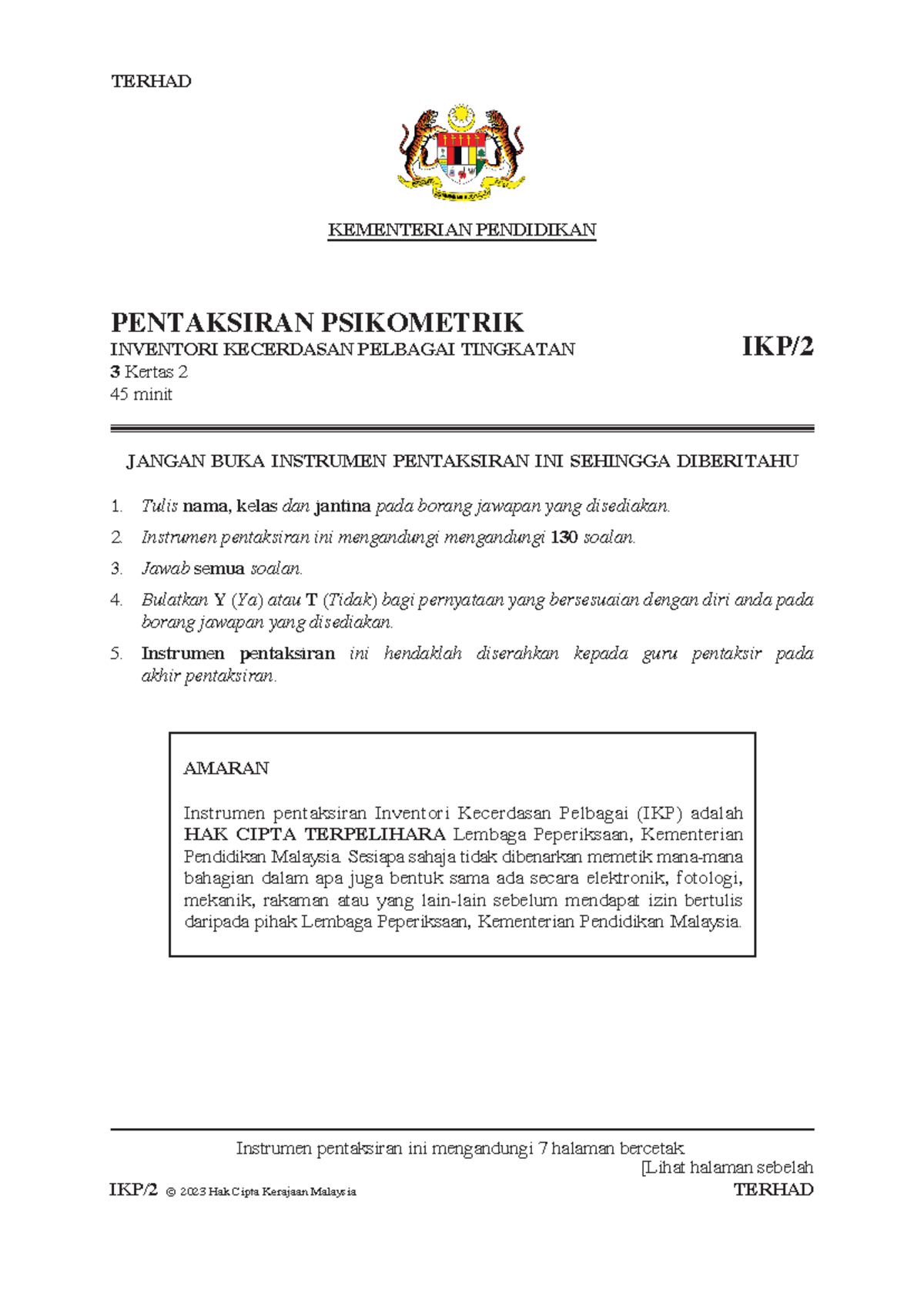 2023 IKP 2 Kertas 2 - Instrumen Pentaksiran Kecerdasan Pelbagai - Studocu